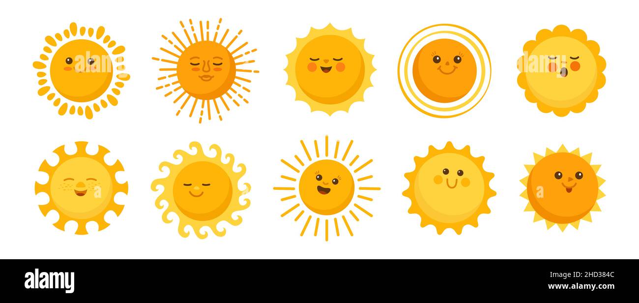 Sun emotion cartoon character set. Faces summer cute yellow suns ...