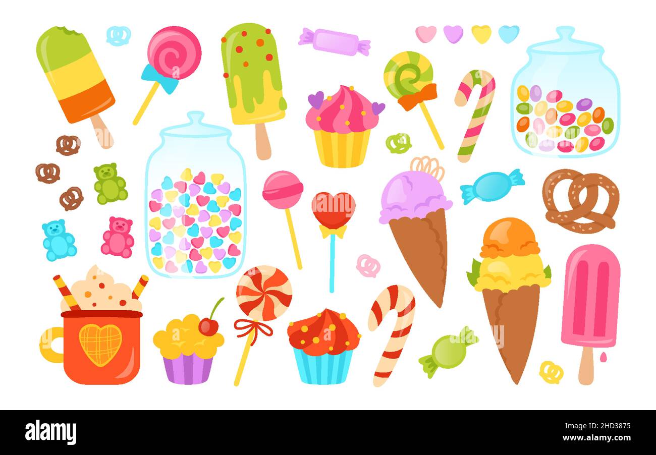 Sweets cartoon set, muffin, lollipop, ice cream, pretzel chocolate ...