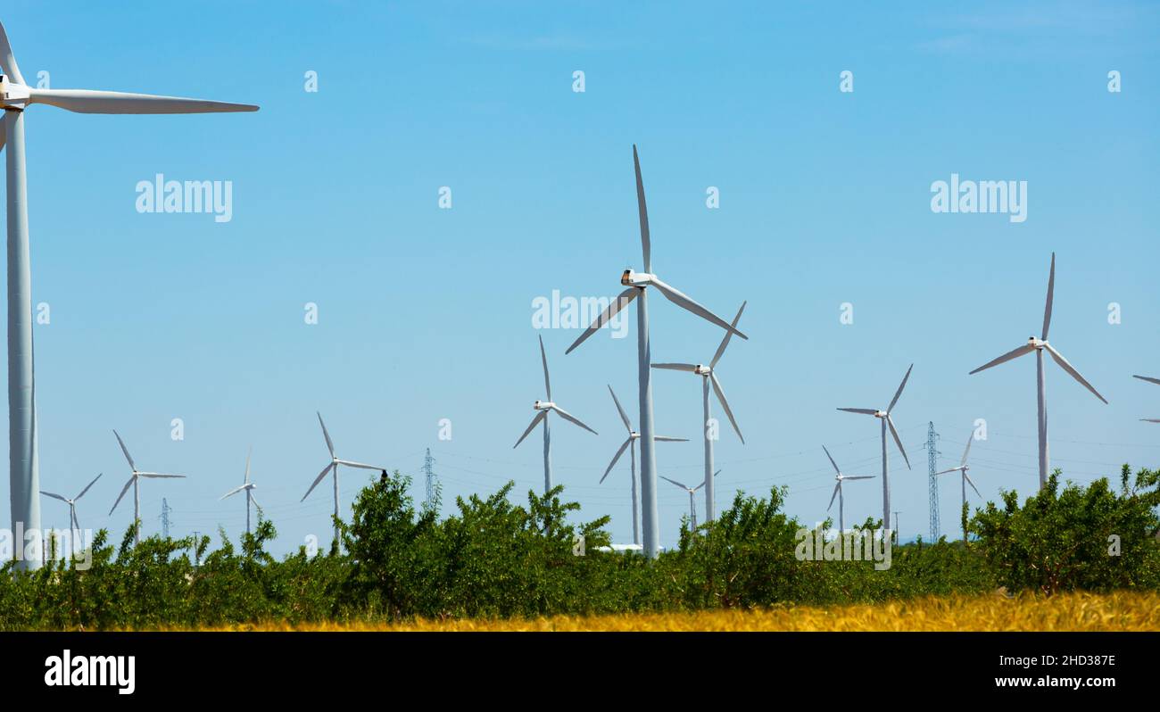 Wind power plants on field Stock Photo - Alamy
