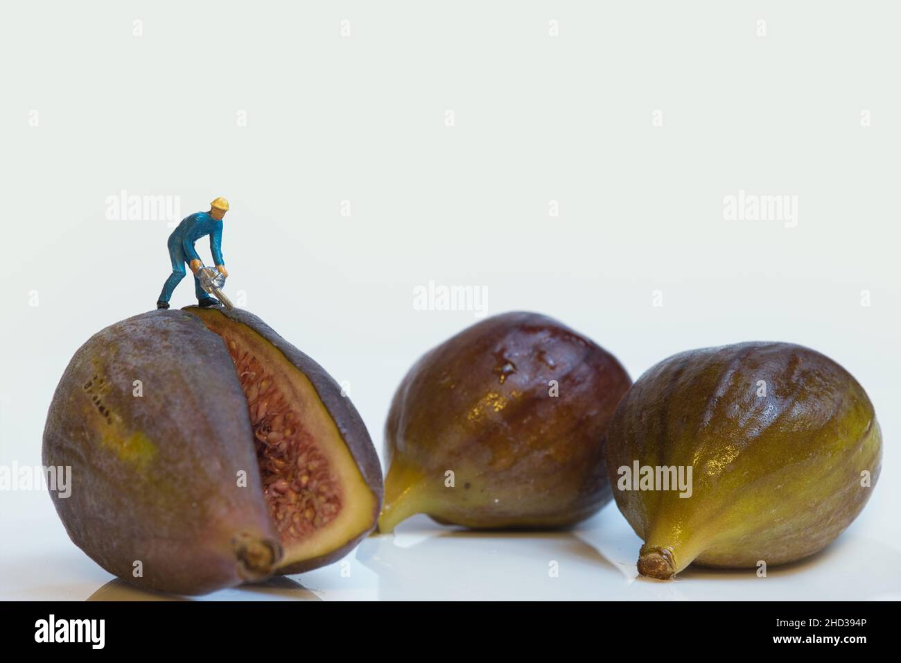 Miniature worker cutting figs with a chainsaw isolated on white ...