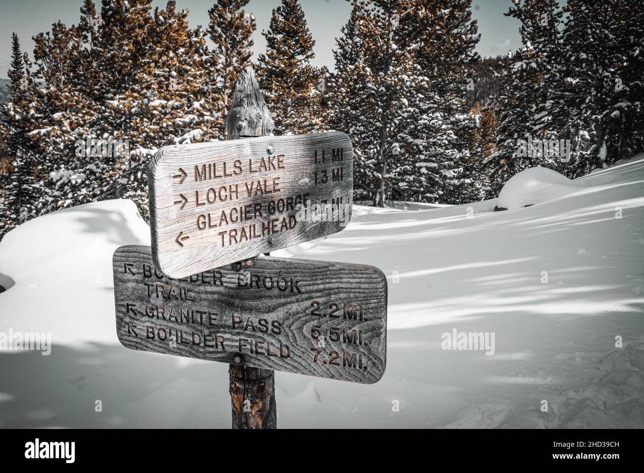 Wooden signage in outdoor hiking during winter in Wisconsin Stock Photo ...