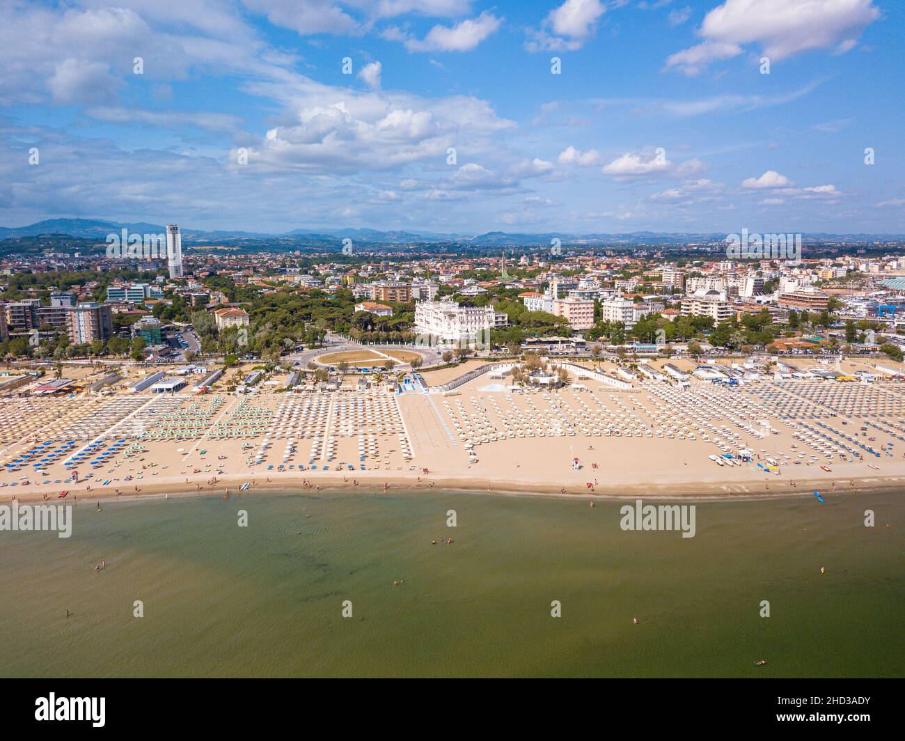 Aerial view of the beach of the Romagna Riviera with Riccione, Rimini ...