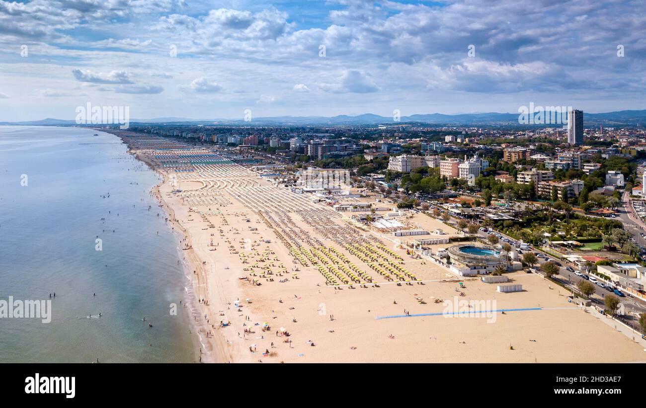 Aerial view of the beach of the Romagna Riviera with Riccione, Rimini ...