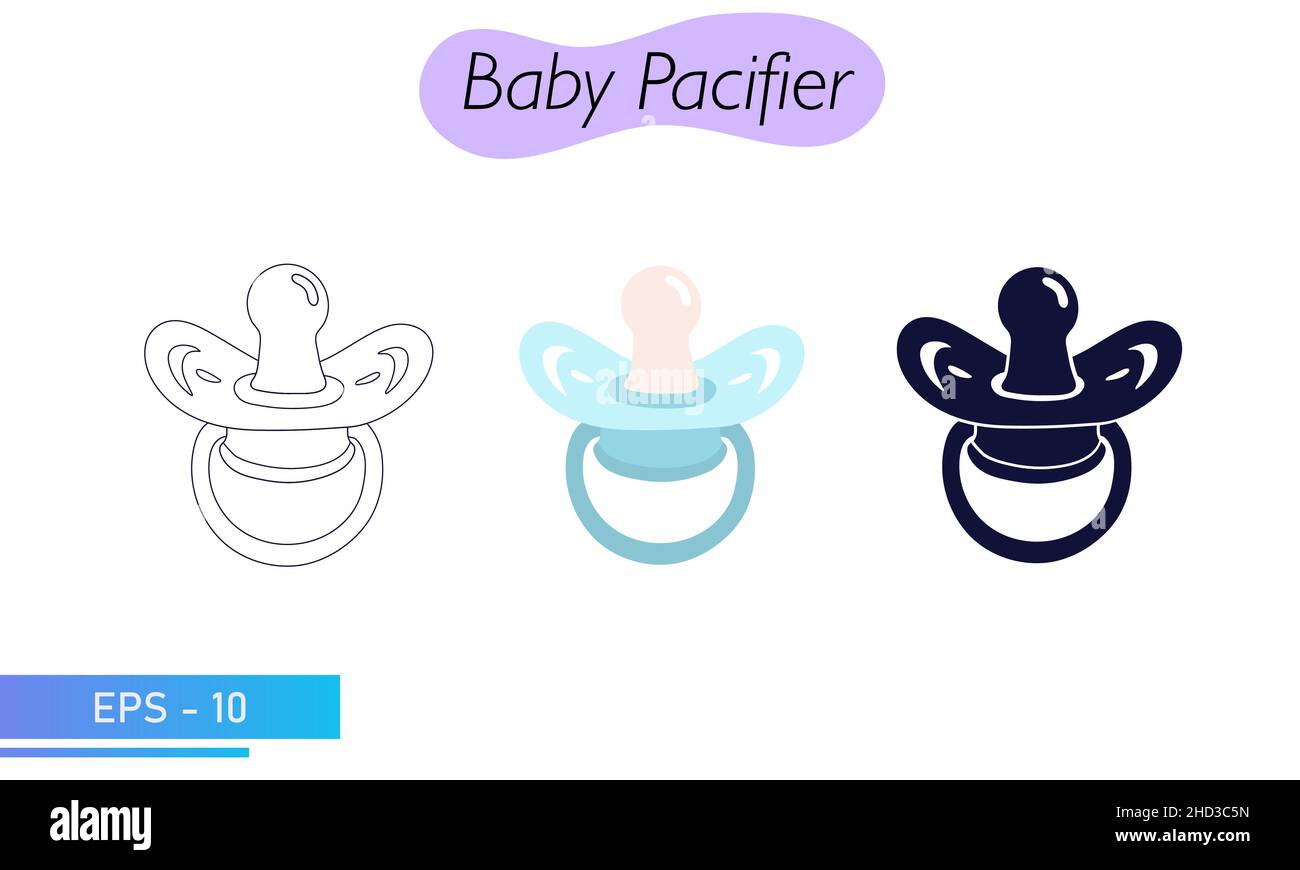 A pacifier for a baby. A dummy. In solid fill, in lines and in color ...