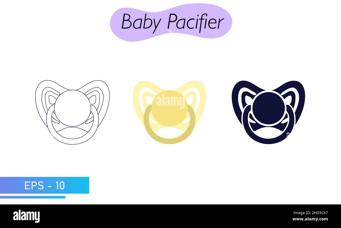 A pacifier for a baby. A dummy. In solid fill, in lines and in color ...