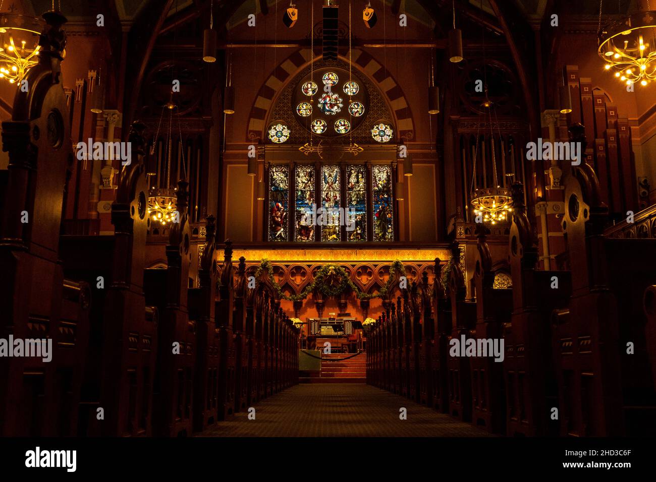 Wide angle church interior with centered altar Stock Photo - Alamy