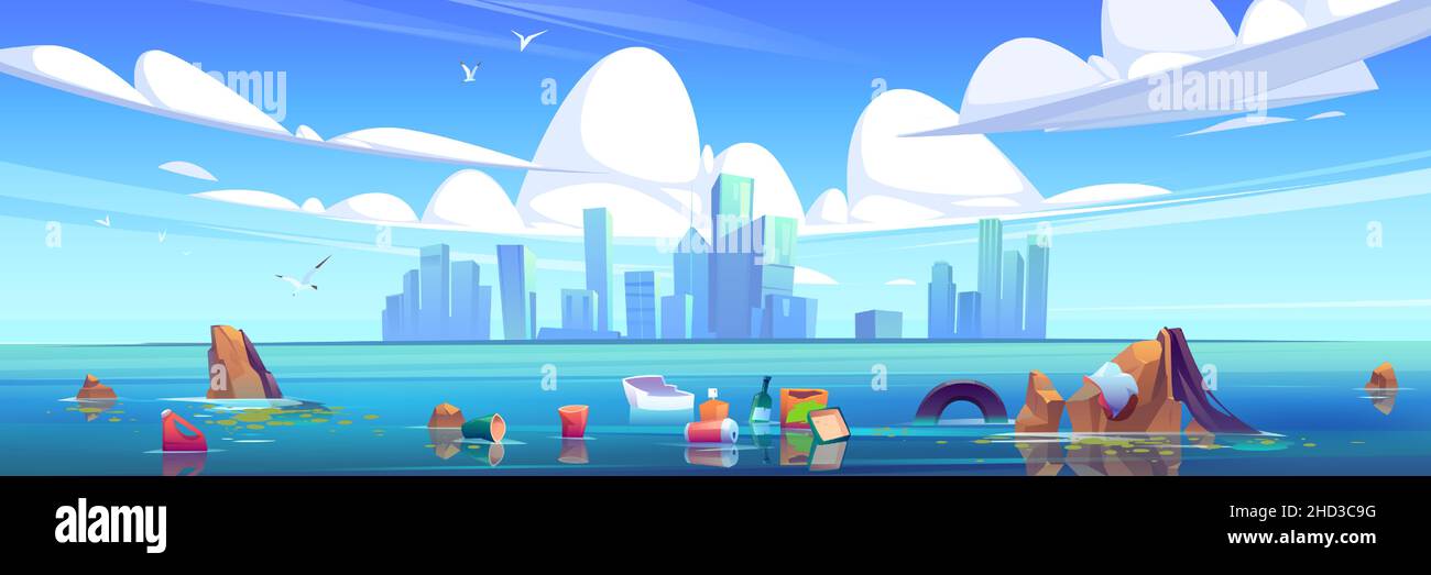 Lake with plastic trash floating in water and city buildings on skyline ...