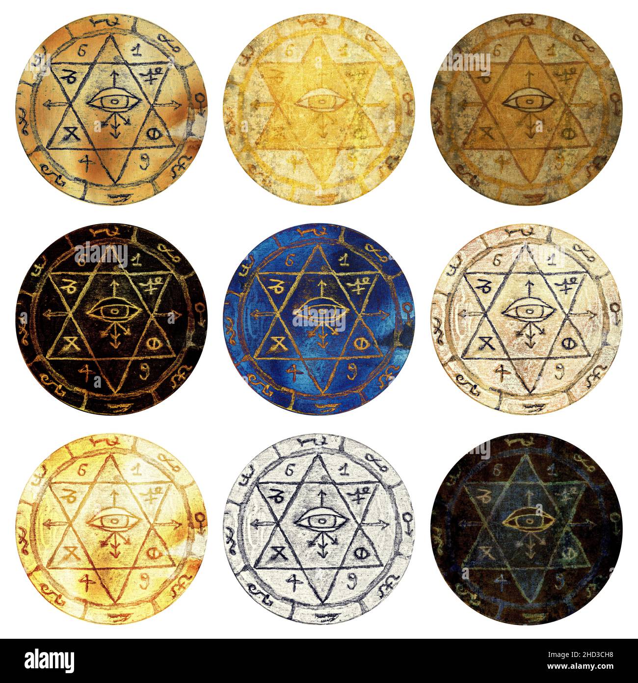 Design clip art set with magic seals, stamp or print with symbols of ...