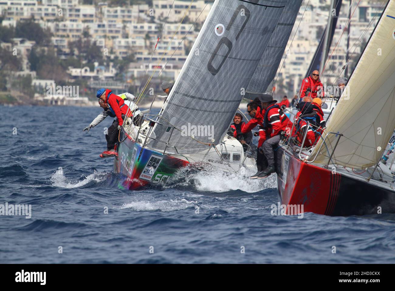 Bodrum,Turkey. 25 March 2018: Sailboats sail in windy weather in the ...