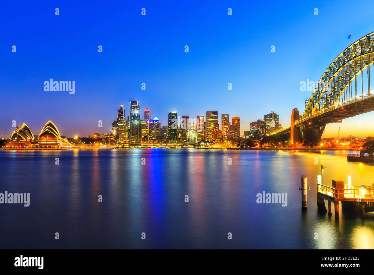 Waterfront of Sydney City CBD across Harbour near Bridge at sunset with ...