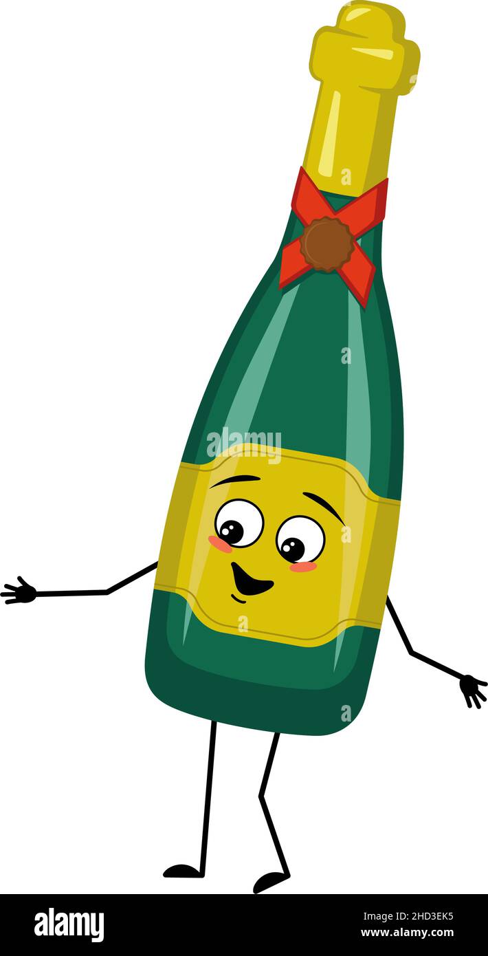 Bottle of sparkling wine character with happy emotions, face, smile ...