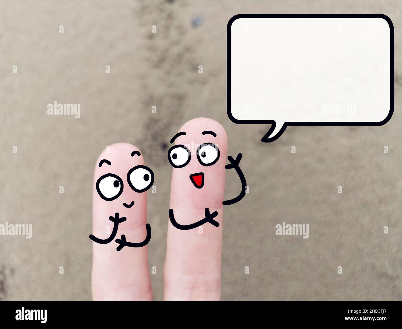 Two fingers are decorated as two person. One of them is asking another ...