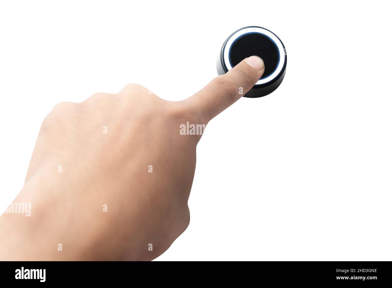 Human hand pressing the button isolated over white background Stock ...