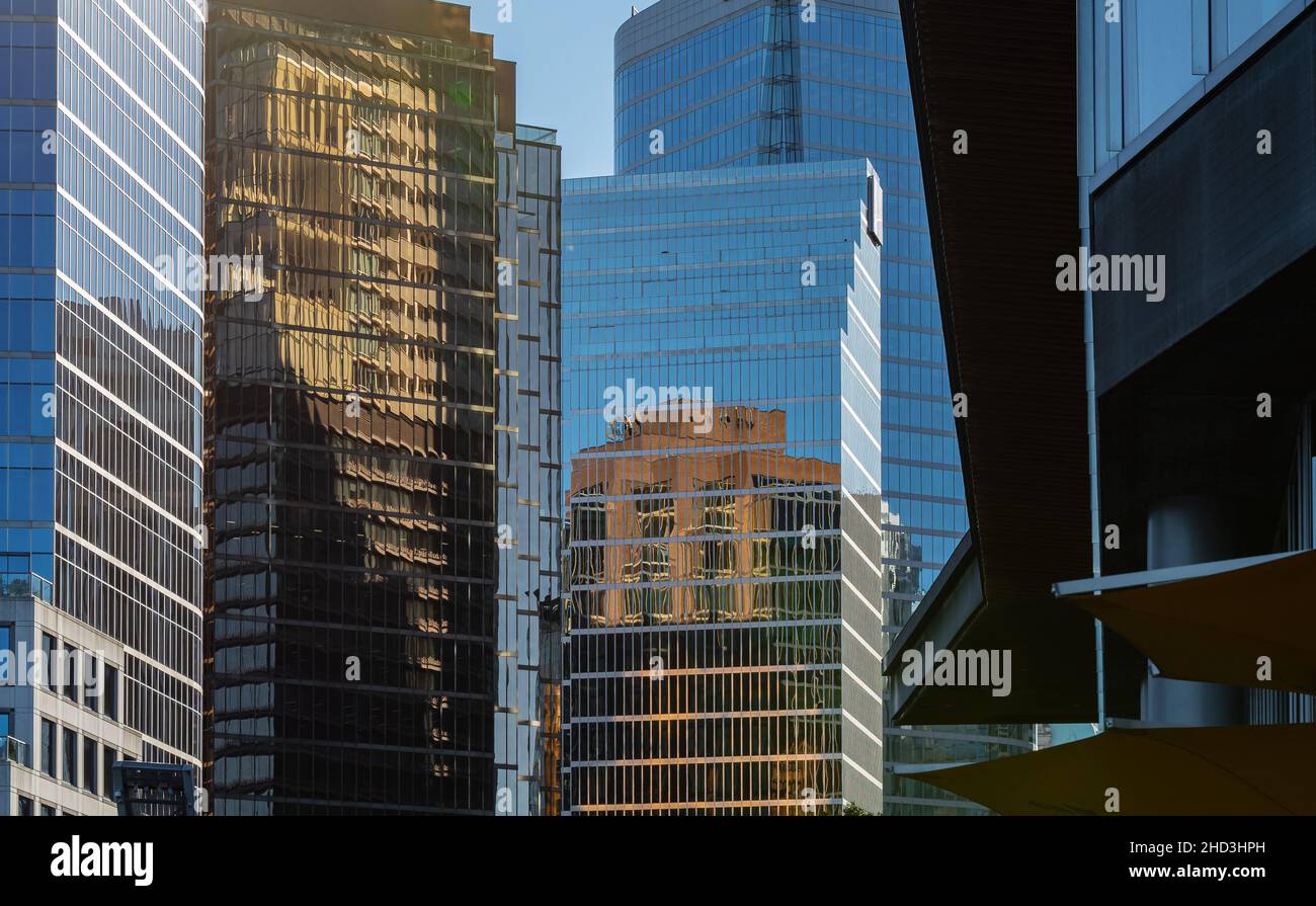 Close-up view of some huge buildings and beautiful skyscrapers in ...