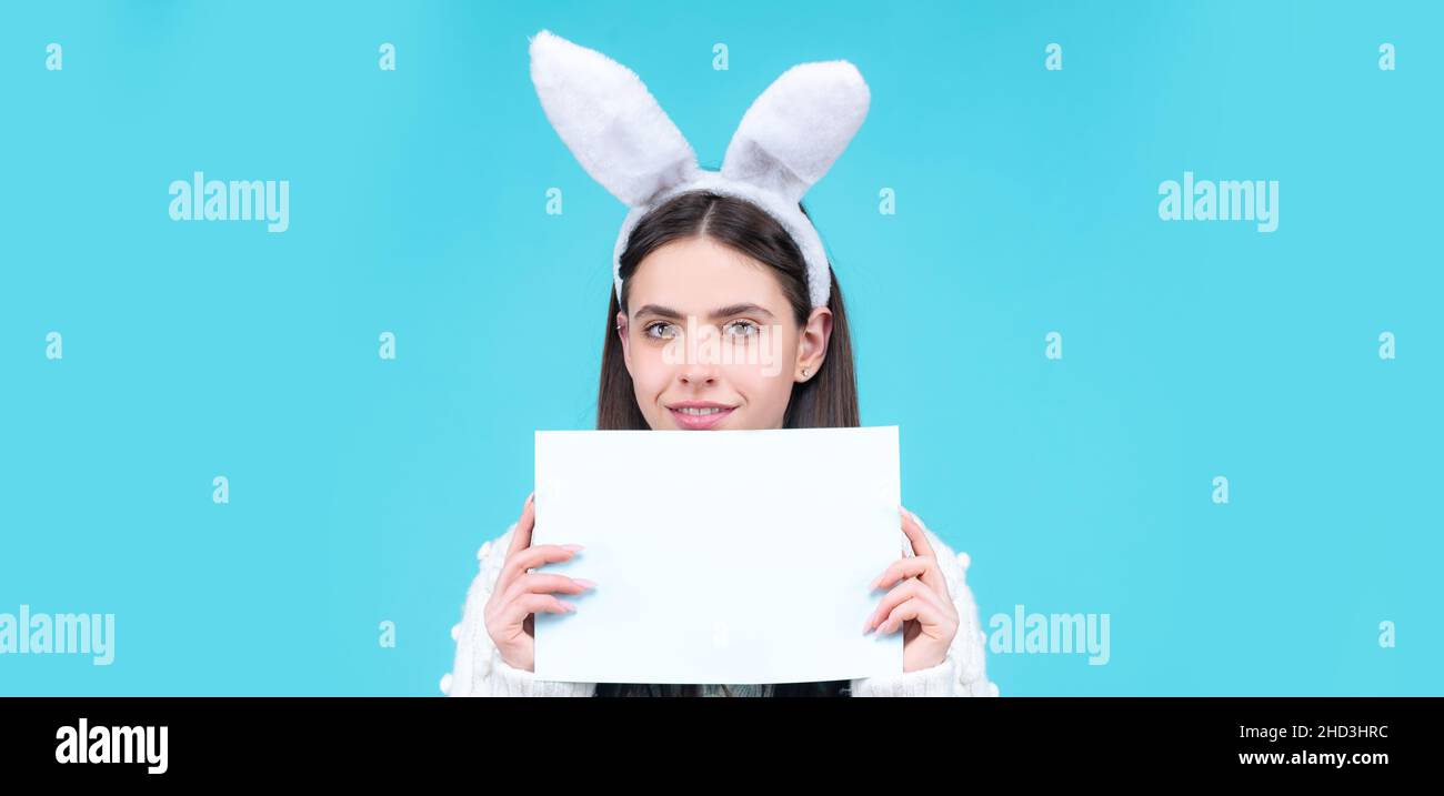 Easter banner with bunny woman. Portrait of Easter bunny woman hold ...