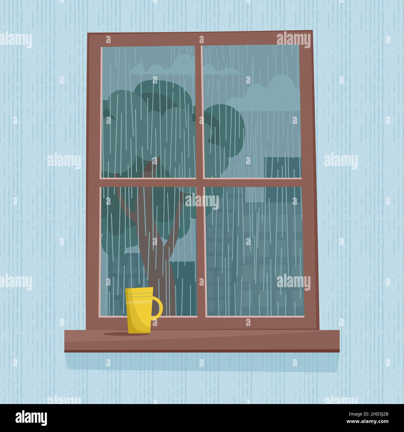 Rain outside the window. Cute vector illustration in flat style Stock ...