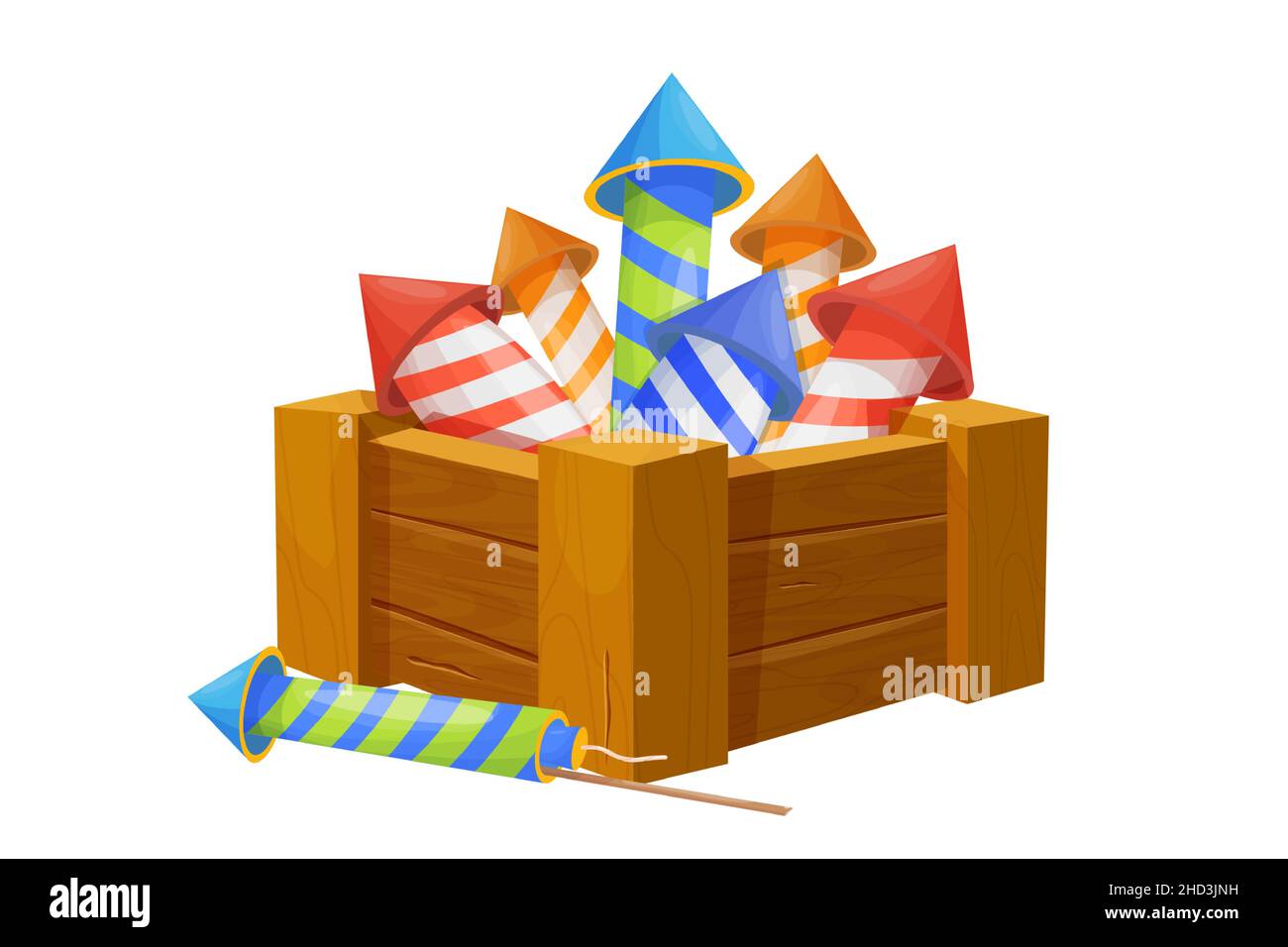 Wooden box with fireworks, firecrackers, holiday rocket in cartoon ...