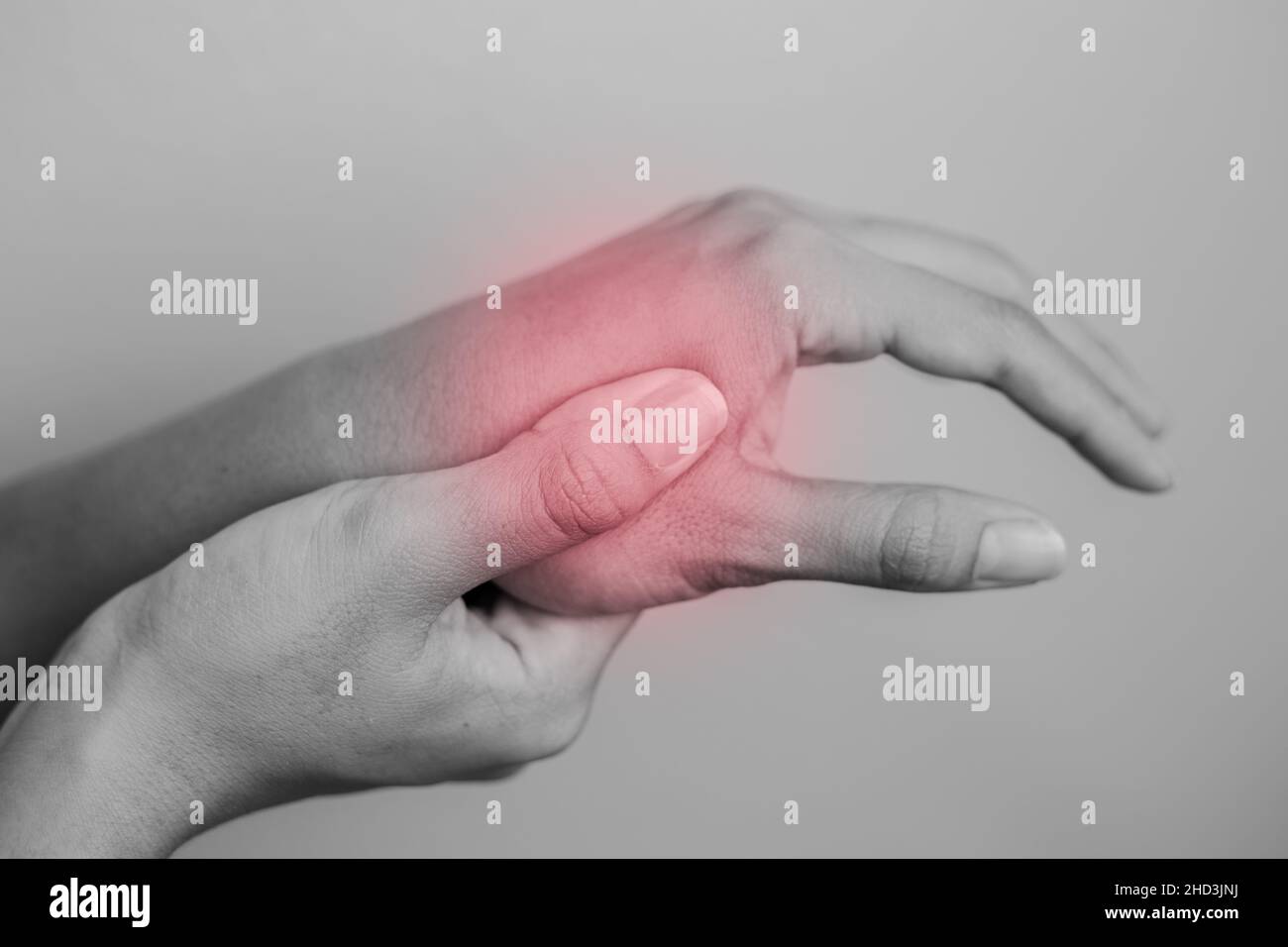Woman suffering from pain in hand. Pain in the hand. Young woman hold ...