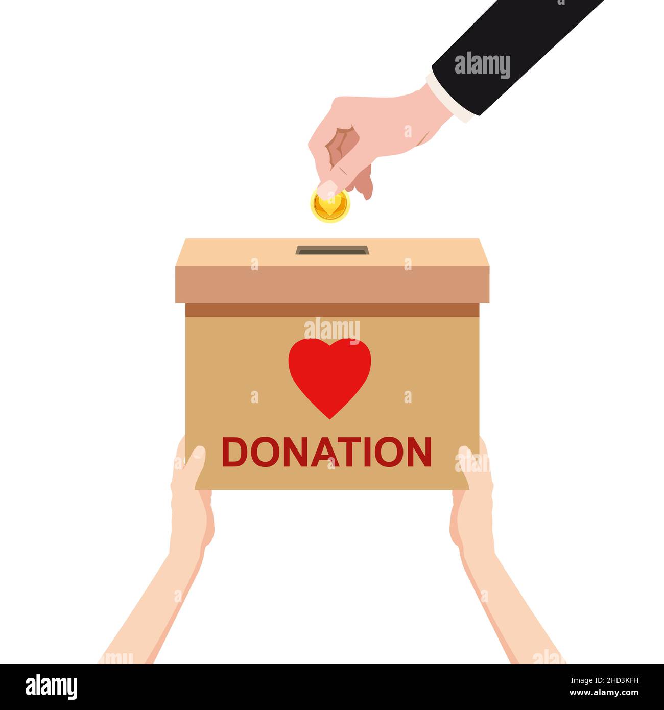 Hand hold Donation Box with hed heart, money. Depositing in a paper ...