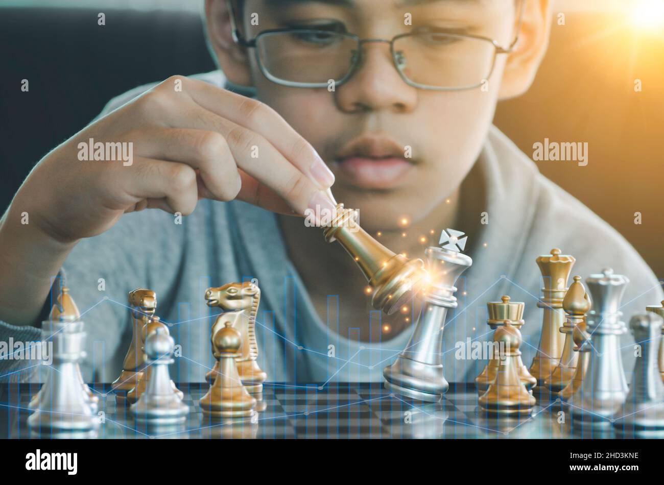Concentrated serious boy developing chess gambit, strategy ,playing ...