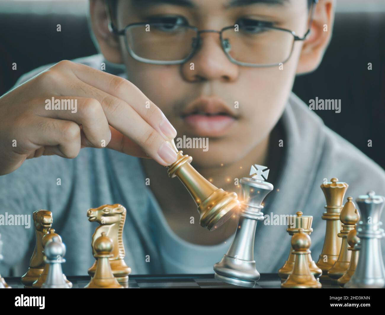 Concentrated serious boy developing chess gambit, strategy ,playing ...