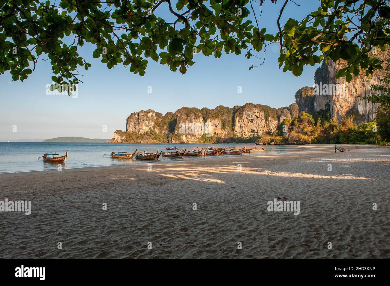 Early morning at Railay Beach West, one of the most famous beaches in ...