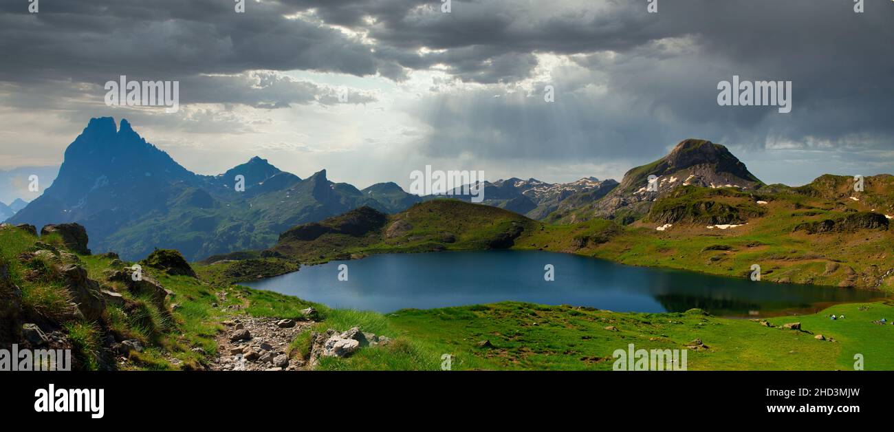 a Pic du Midi Ossau and Ayous lake in french Pyrenees mountains Stock ...