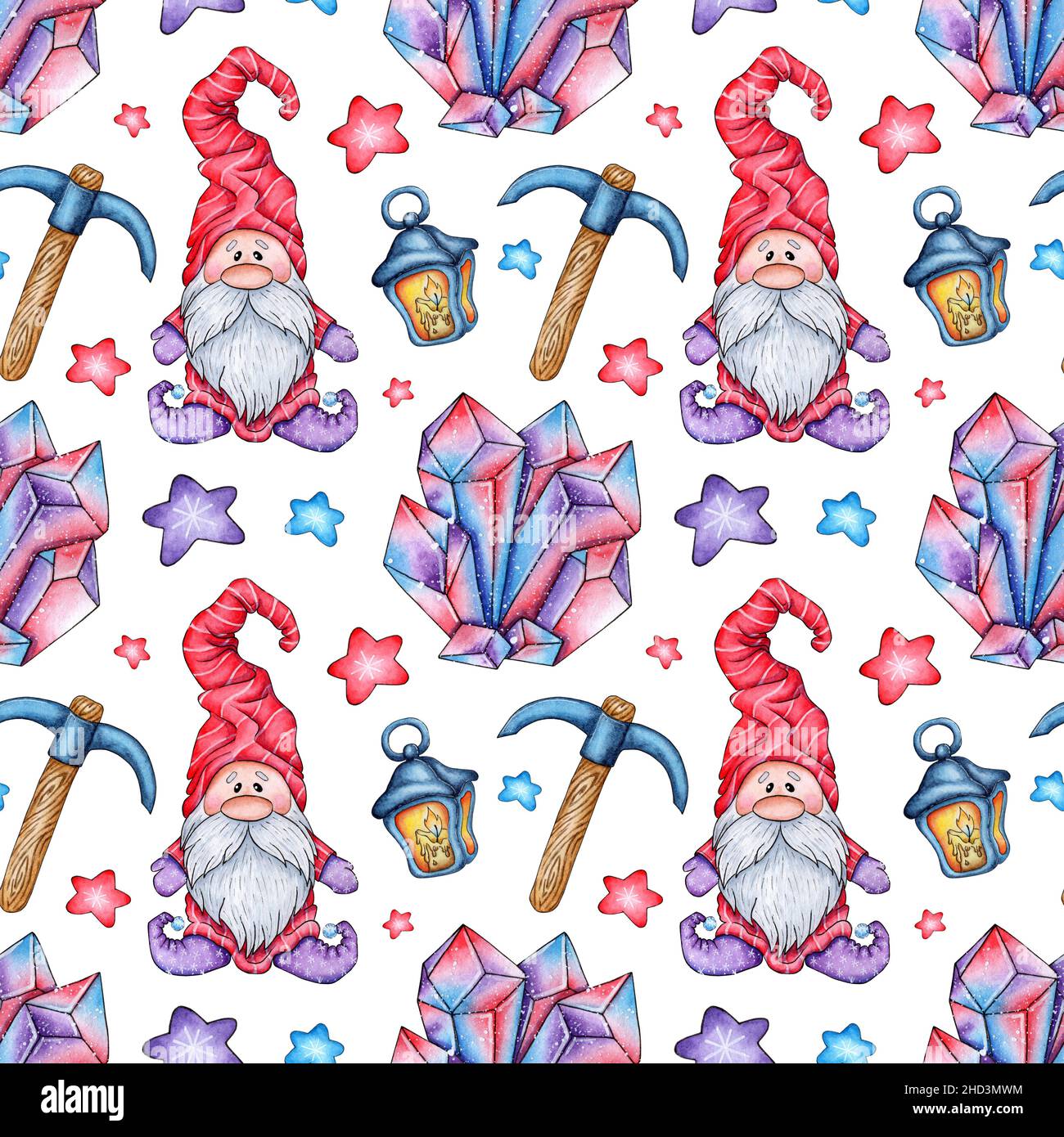 Watercolor painting pattern gnome, pickaxe, lamp, crystal, bunch of ...