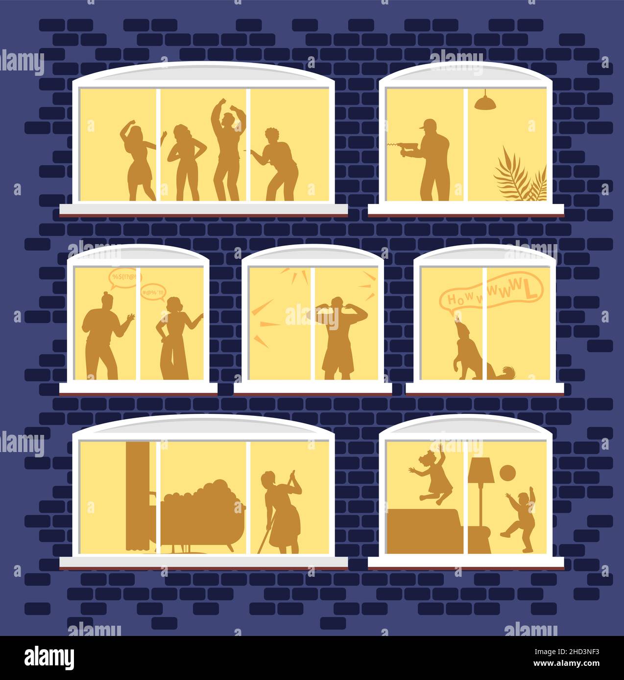 Multistorey apartment house windows with noisy neighbors dancing ...