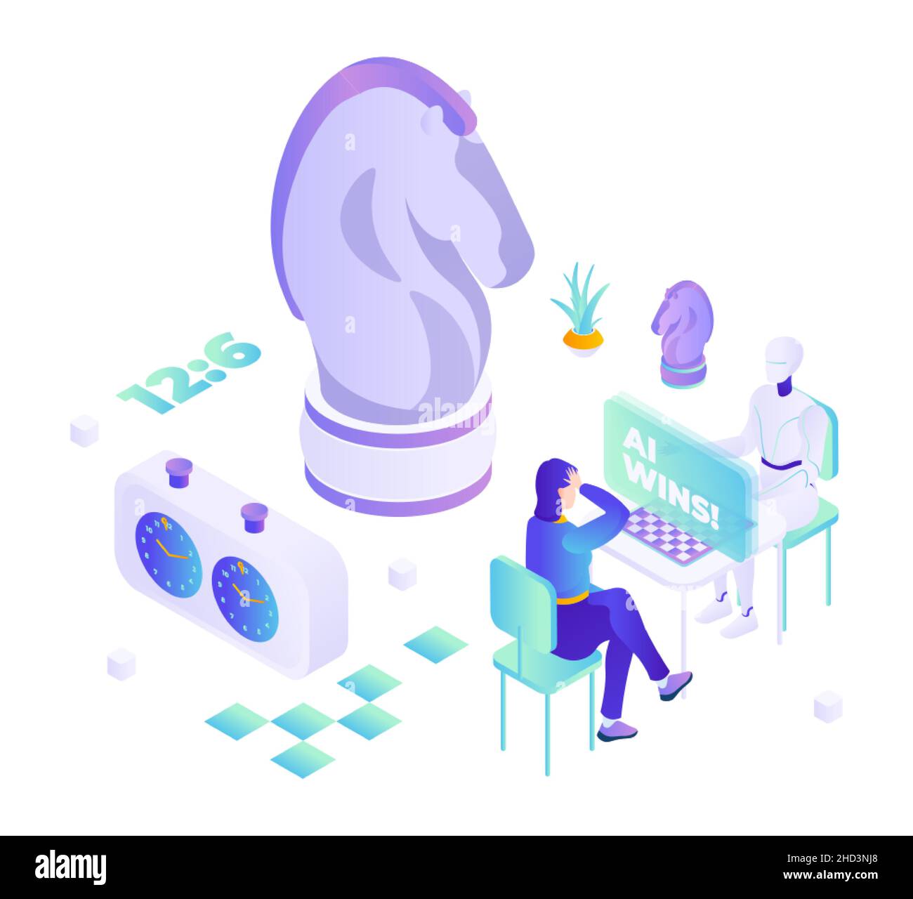 Robot machine and woman playing chess, flat vector isometric ...
