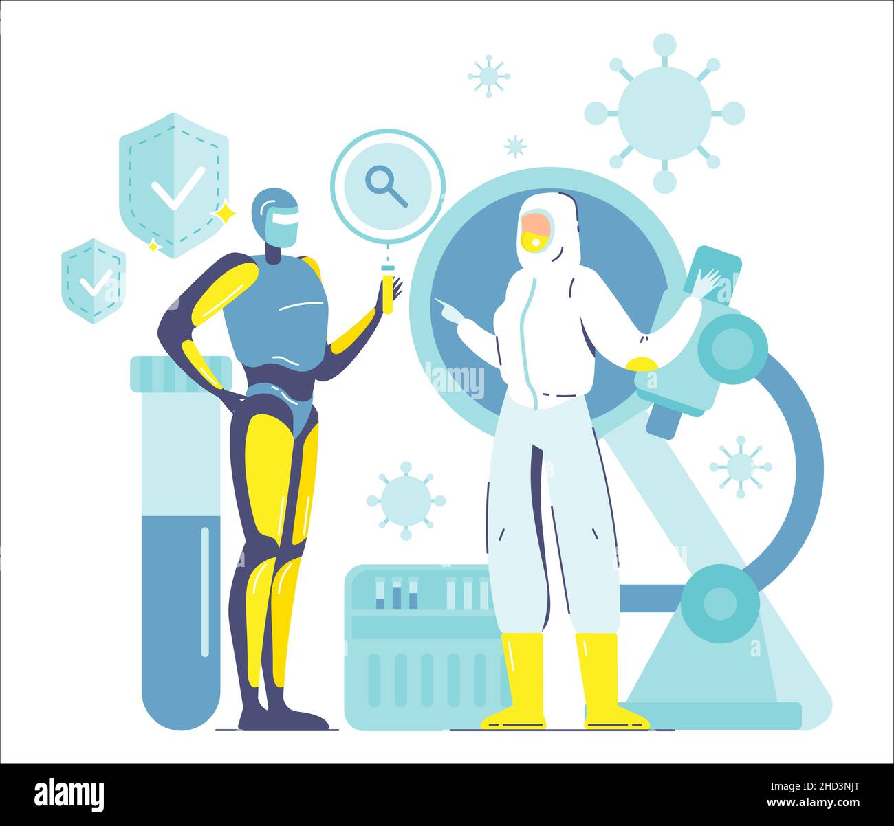 Robot and human in hazmat suit working in lab during coronavirus ...