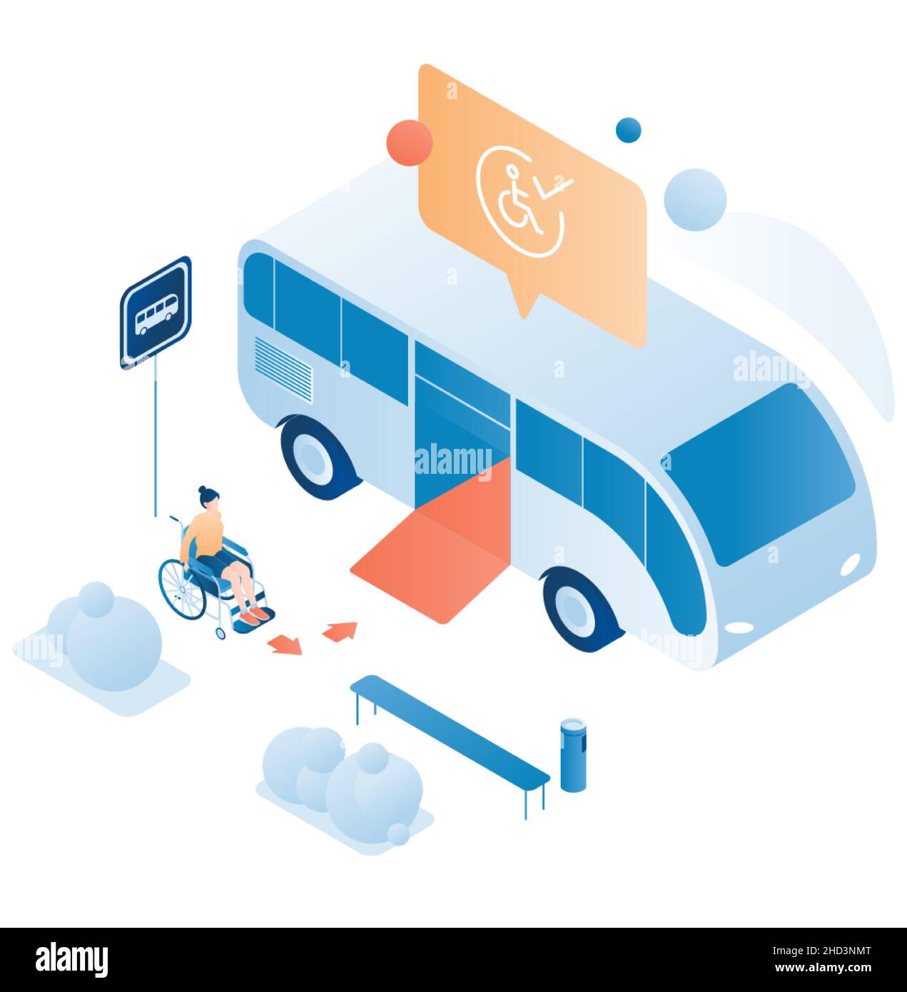 Woman in wheelchair boarding city bus with access ramp. Public ...