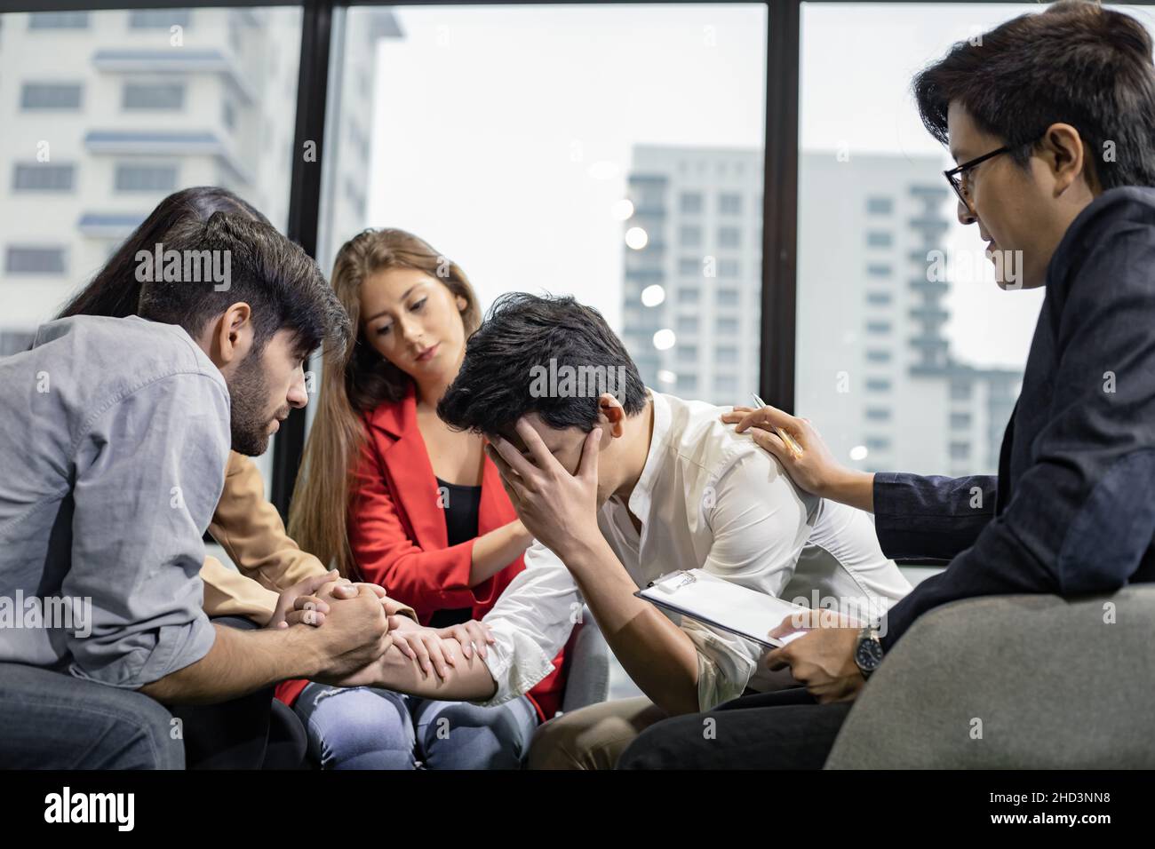Mental health concept, group problematic young people talking with a ...