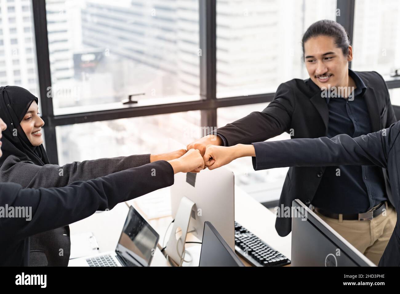 Teamwork successful business concept, office staff join hand together ...