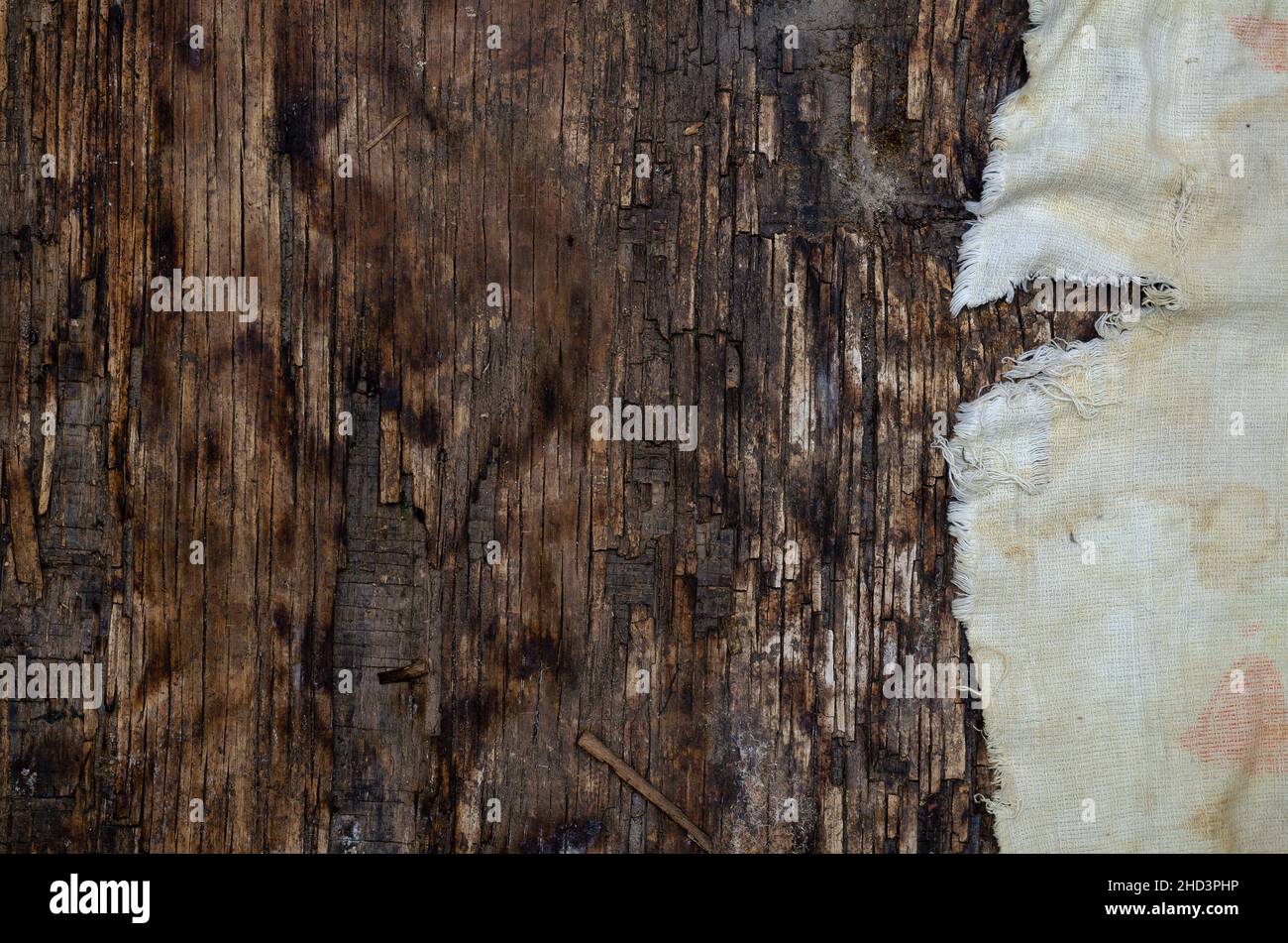 Old Tattered cloth on dark burnt wooden surface. Dirty rag with a ...
