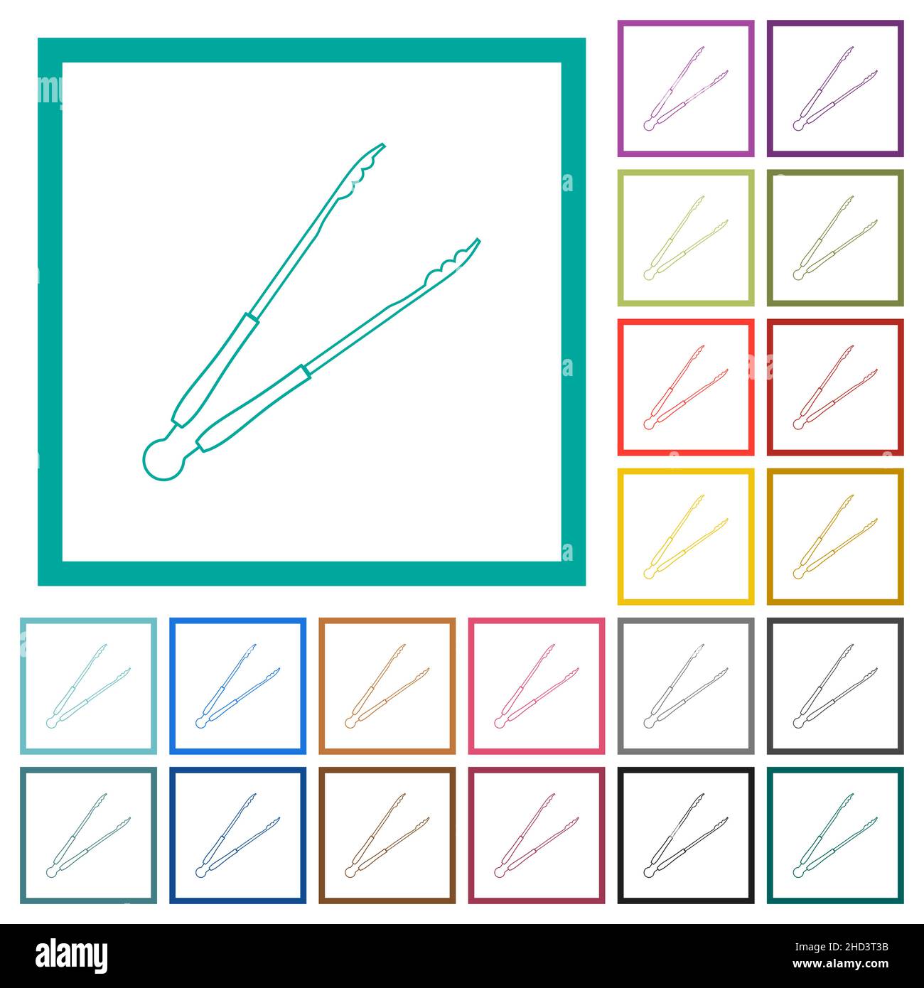 Barbecue tongs outline flat color icons with quadrant frames on white ...