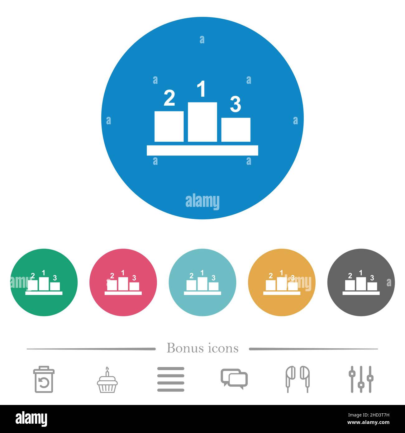 Winners podium with outside numbers flat white icons on round color ...