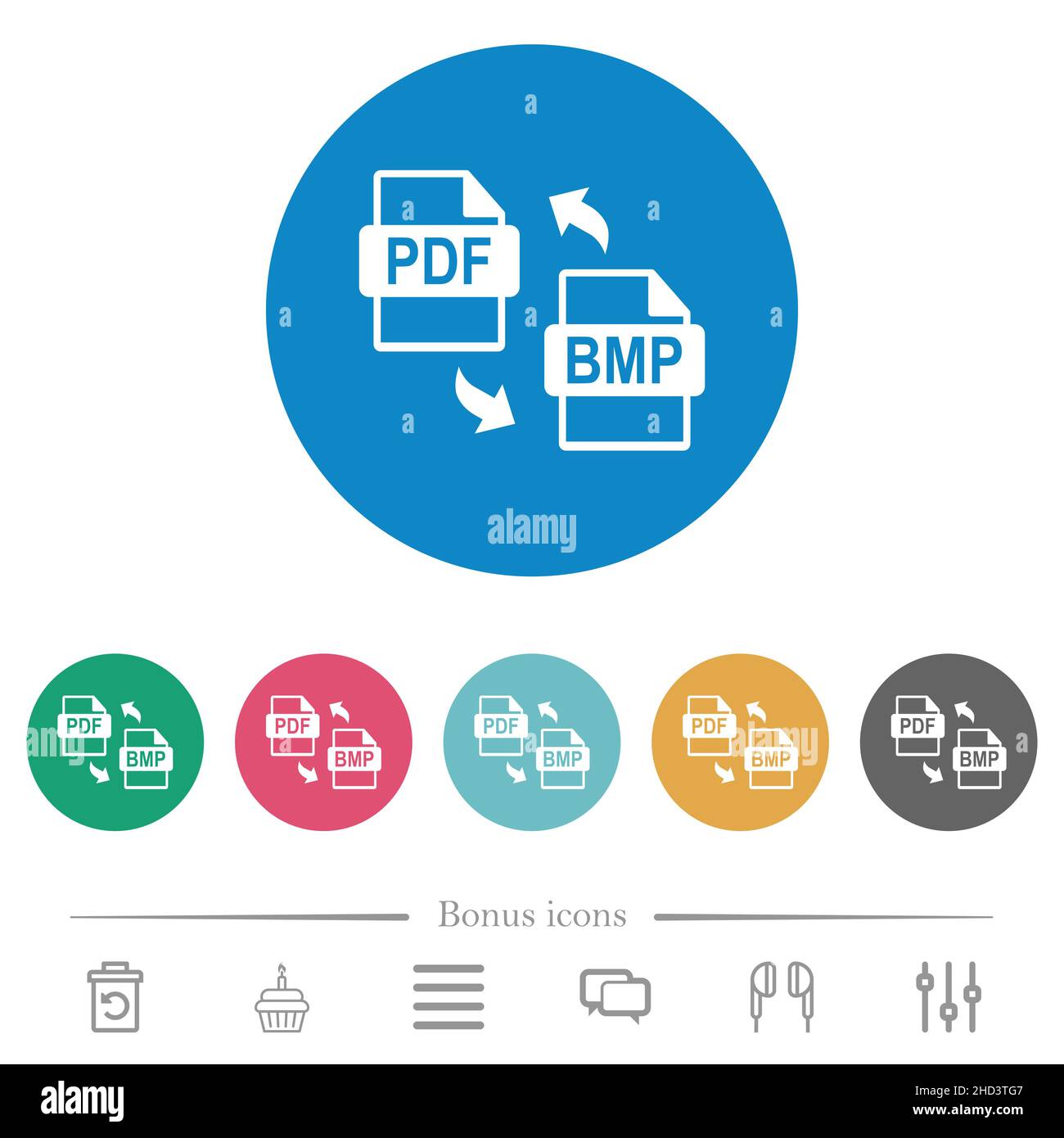 PDF BMP file conversion flat white icons on round color backgrounds. 6 ...