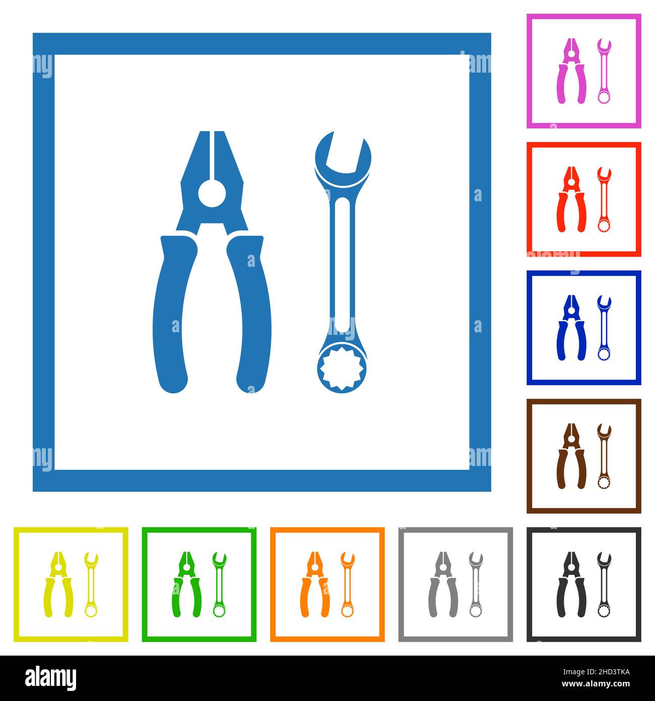 Combined pliers and wrench flat color icons in square frames on white ...