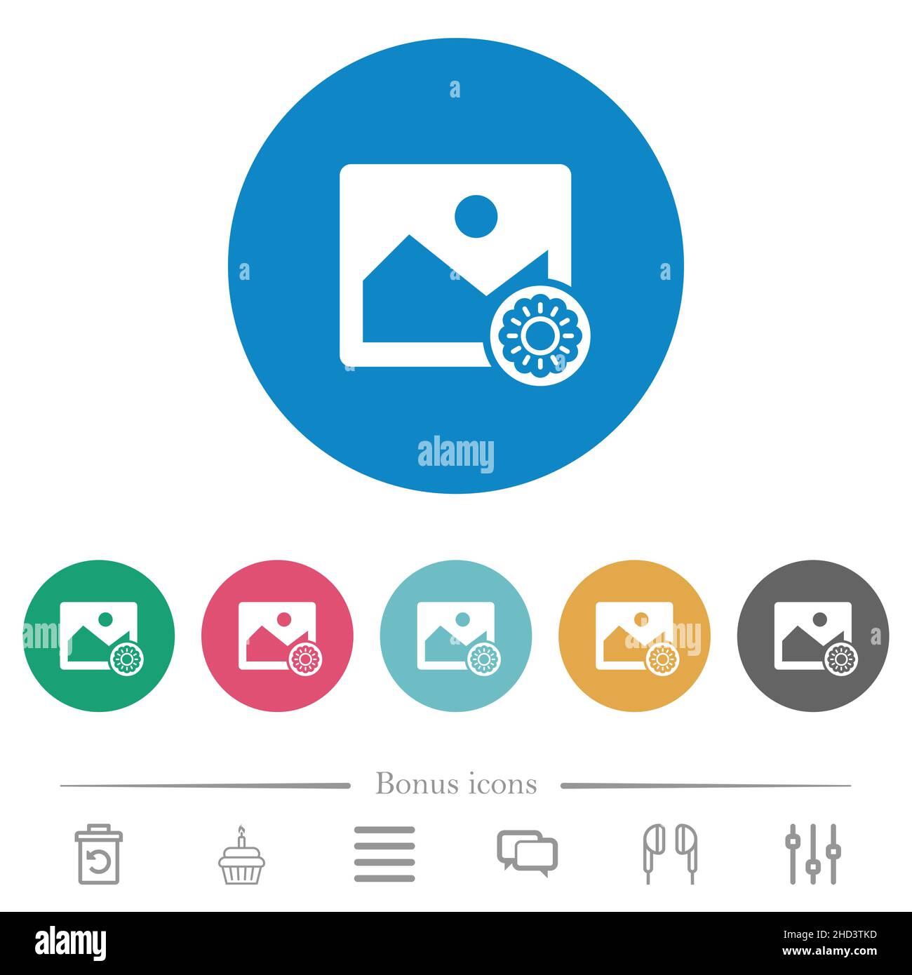 Image brightness flat white icons on round color backgrounds. 6 bonus ...