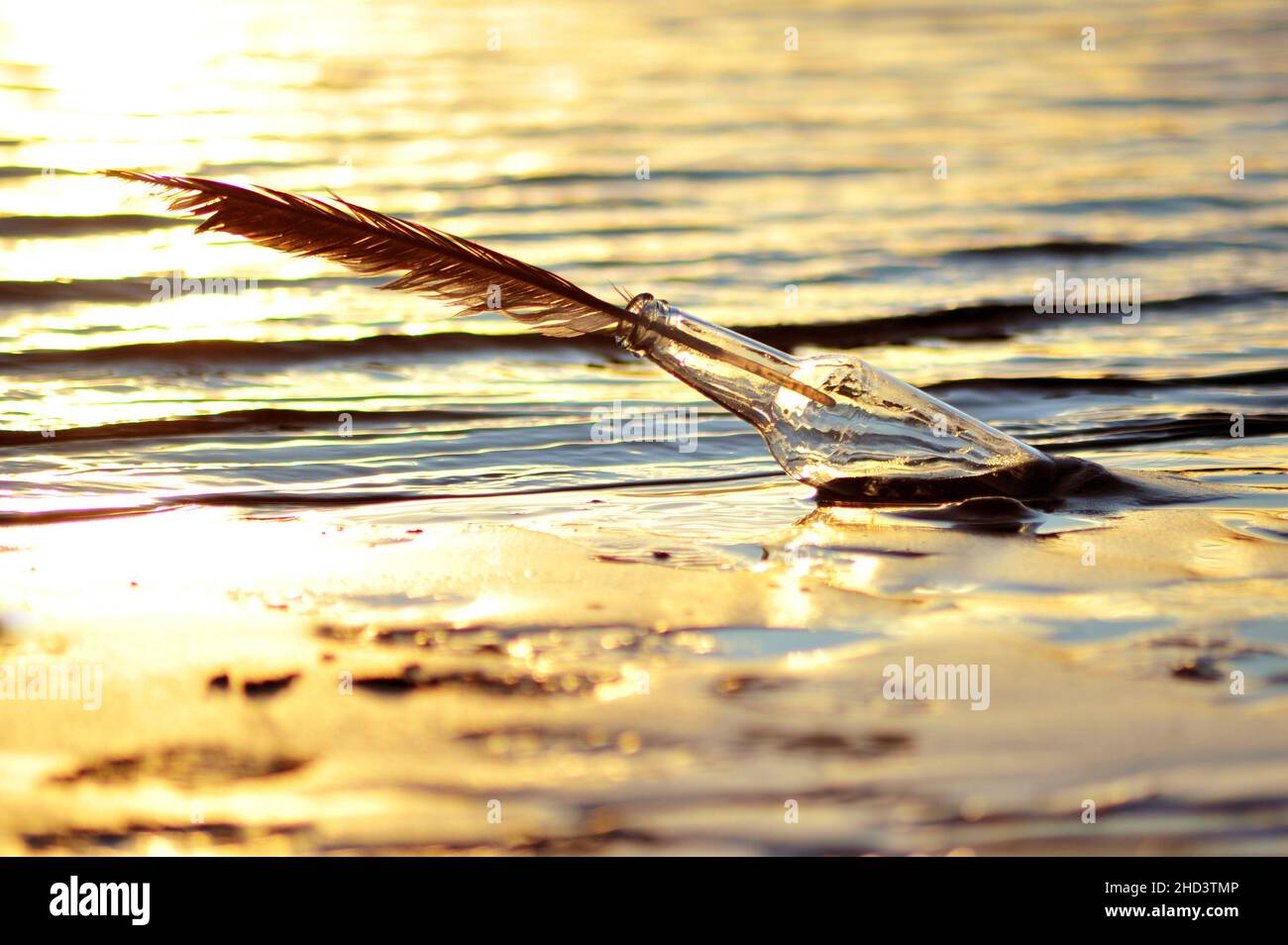 Sunrise photo of feather in a bottle on the beach. Waves with golden ...