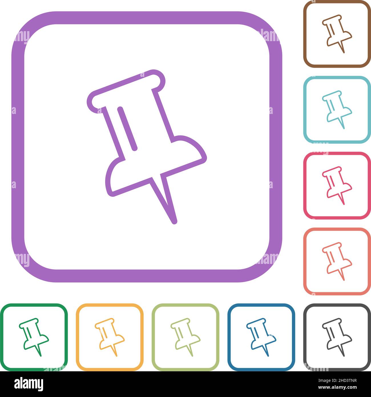 Push pin outline simple icons in color rounded square frames on white ...