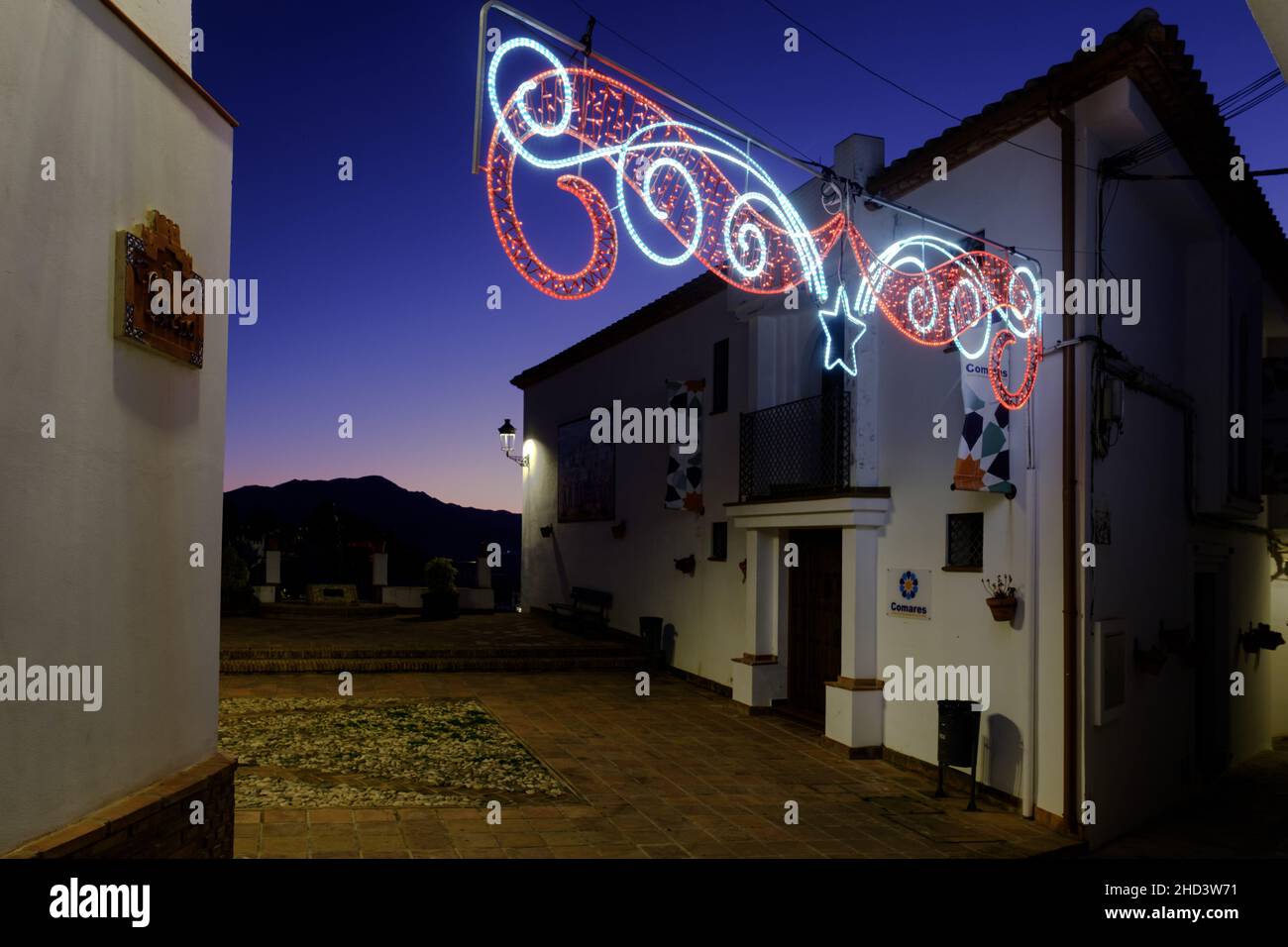 Dawn in the mountain top pueblo of Comares in the Axarquia region ...