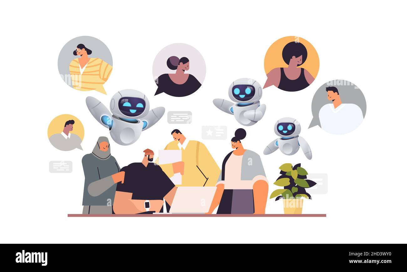 businesspeople with chatbost discussing during meeting chat bubble ...