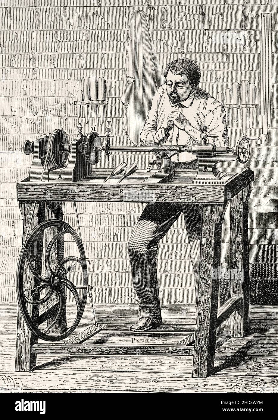 19th century manual lathe. Old 19th century engraved illustration from ...