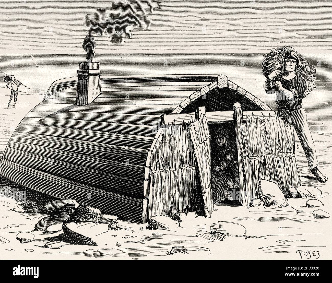 Dwelling in an old ship in Spain. Old 19th century engraved ...