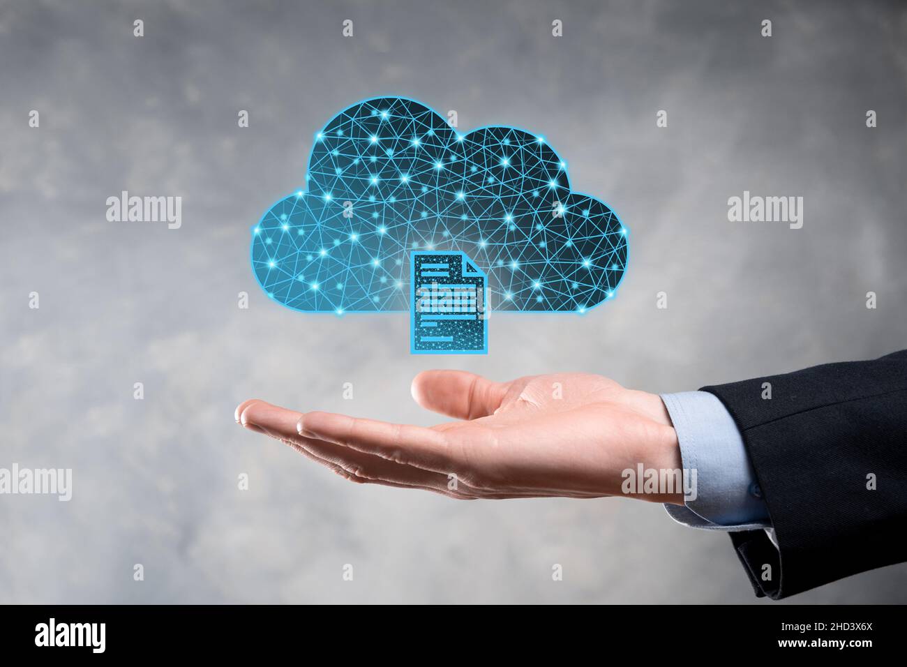 Cloud technology. Polygonal wireframe cloud storage sign with document icon on dark blue. Cloud ...