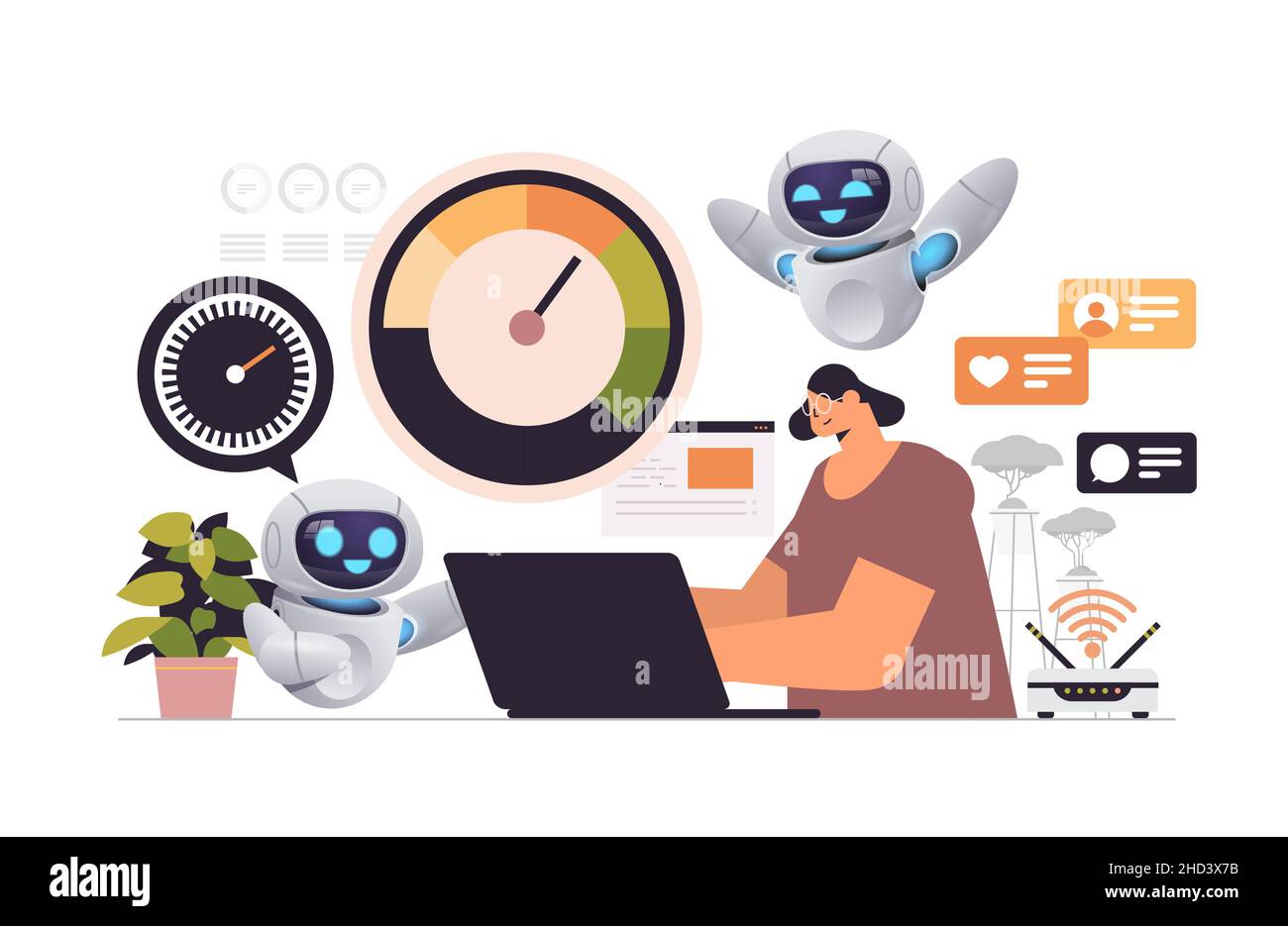 businesswoman with robots helpers working on laptop with stress scale ...