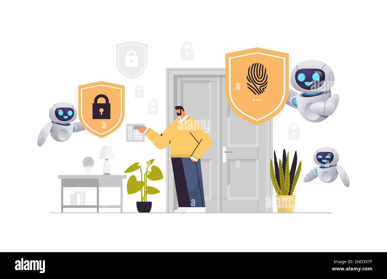 man and robots touching fingerprint scanner controlling smart home ...