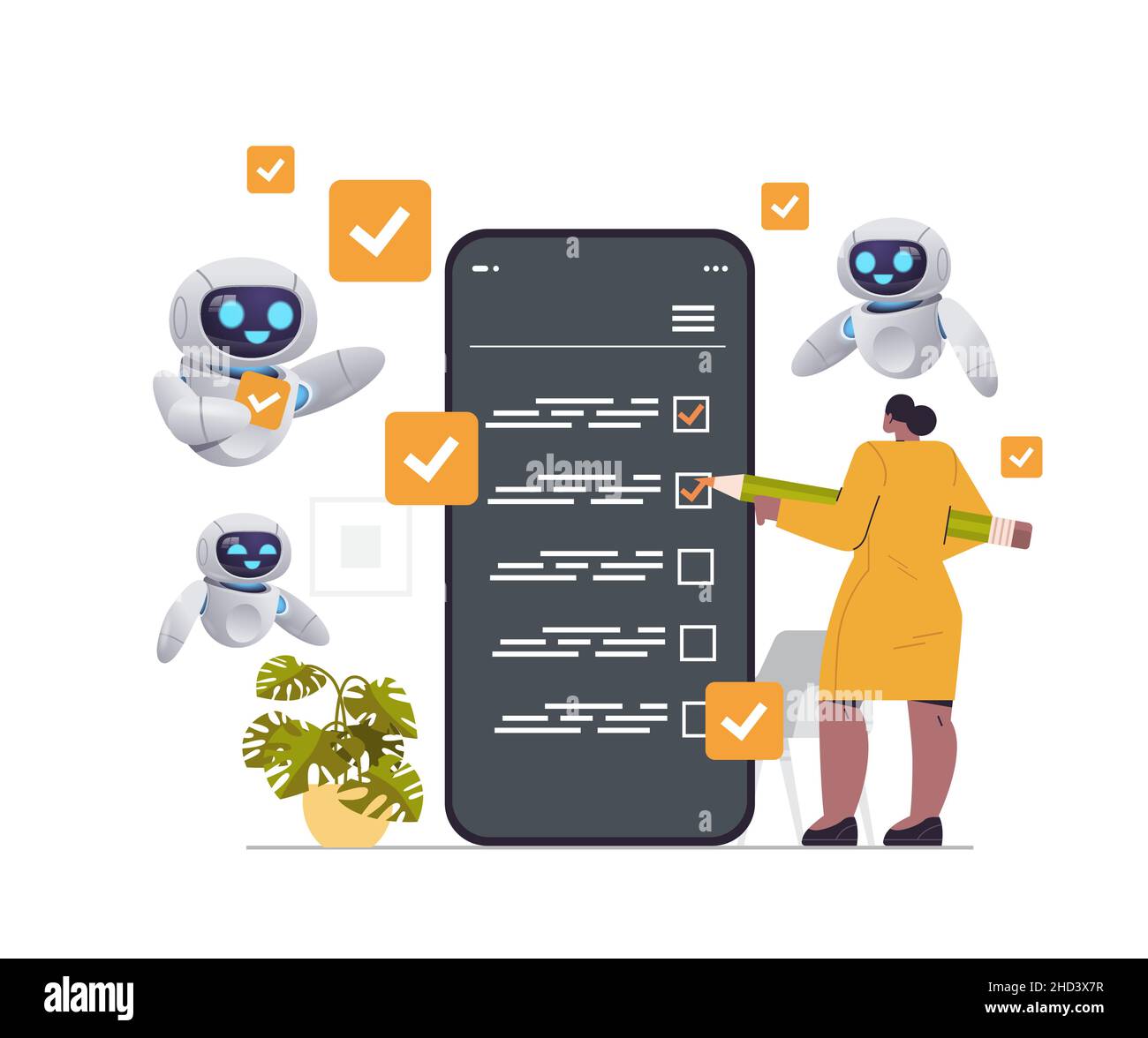 businesswoman with robots marking complete tasks on checklist in mobile ...